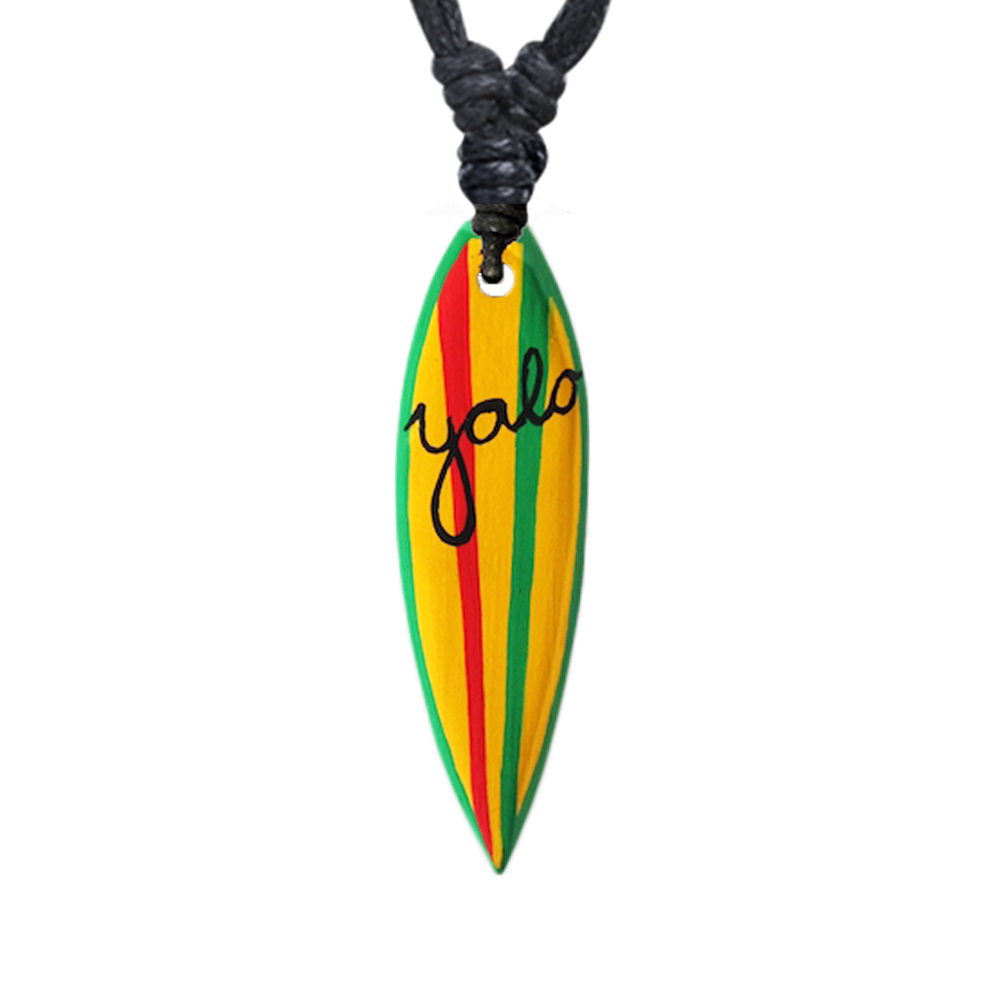 Collier noir pendentif Surf vert avec des bandes jaunes et rouges en ...